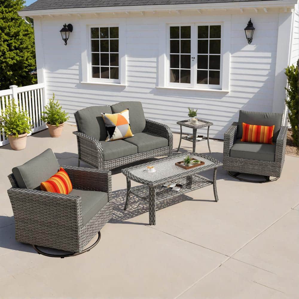 OVIOS Missisi Gray 5-Piece Wicker Patio Conversation Set with Black ...