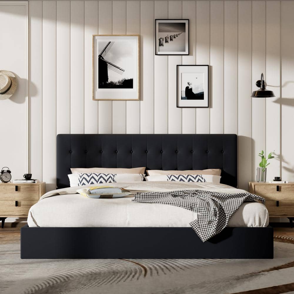 Ahokua Black Frame King Size Upholstered Platform Bed with Lift-up ...
