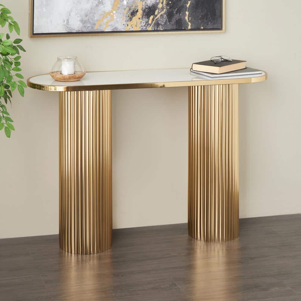 Litton Lane 31 in. x 47 in. Gold Metal Oval Console Table with White ...