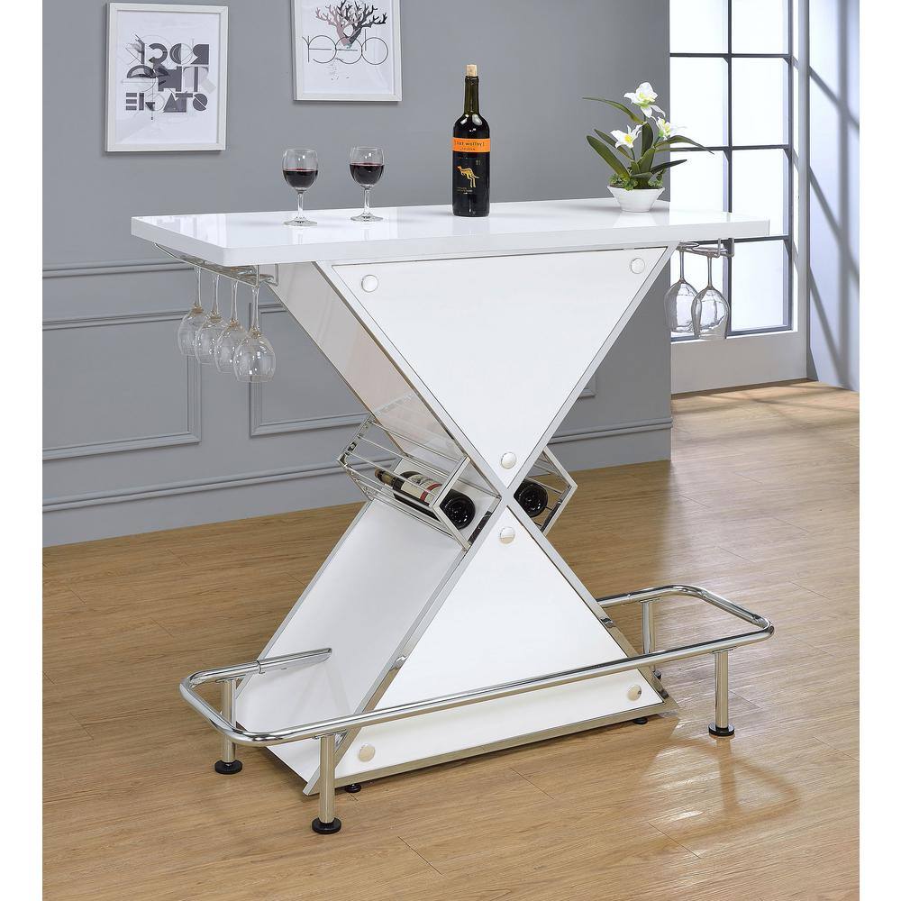Coaster Atoka White High Gloss X-shaped Bar Unit with Wine Bottle ...