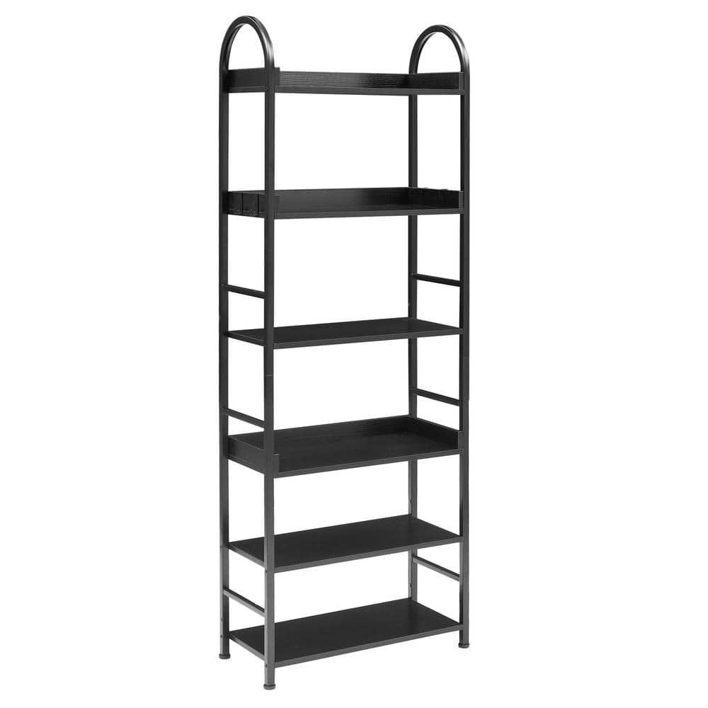 Black Modern 24.8 in. Wide Tall Bookcase 6-tier Shelves Round Top Metal ...