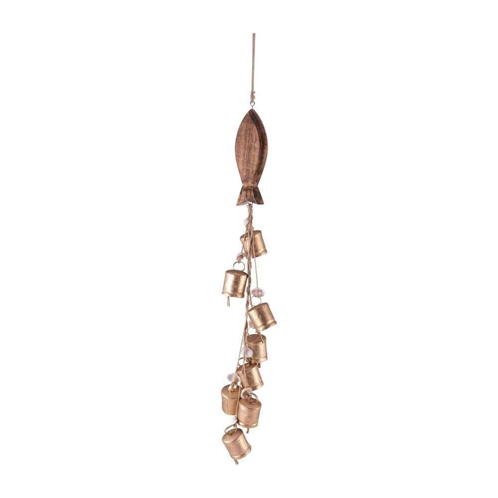 Liv & Skye Gold 3 in. x 29 in. Metal and Wood Hanging Wind Chime Bells ...