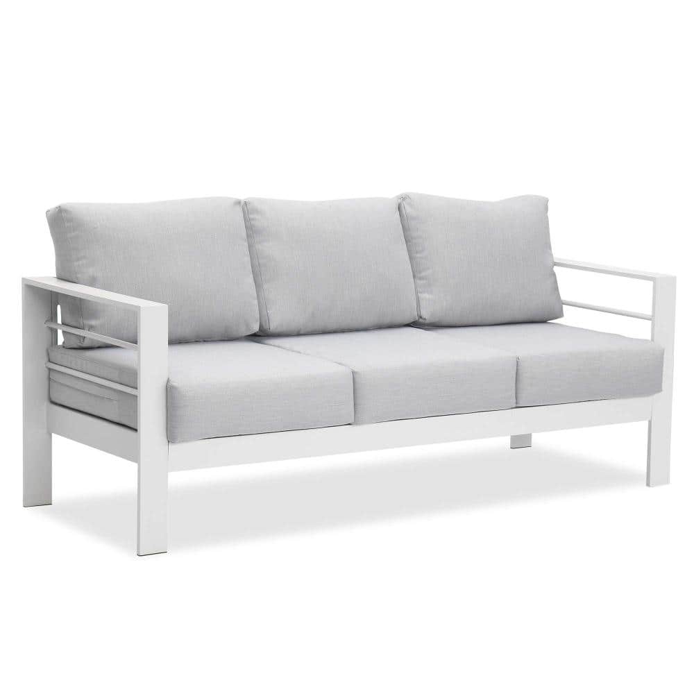 Tenleaf White Aluminum Triple Outdoor Couch with Light Gray Cushions ...