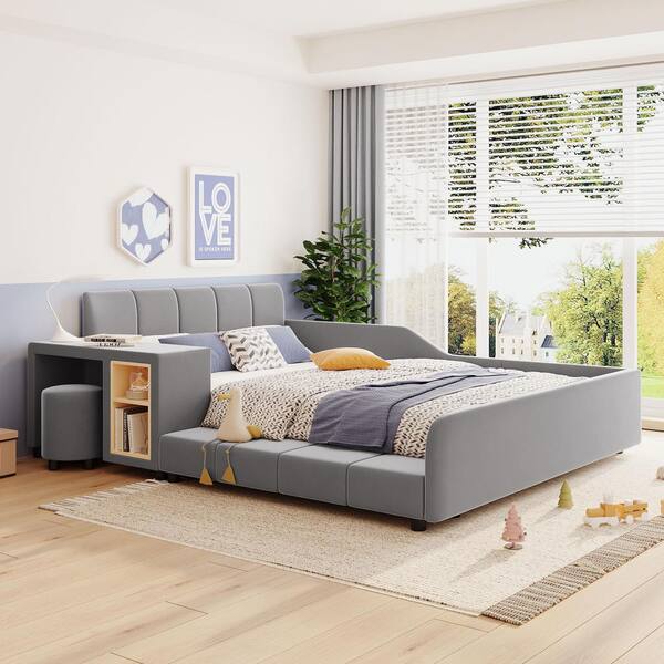 Gray Modern Luxury Wood Frame Full Size Soft Velvet Upholstered Platform Bed with Bedside Desk and Round Stool