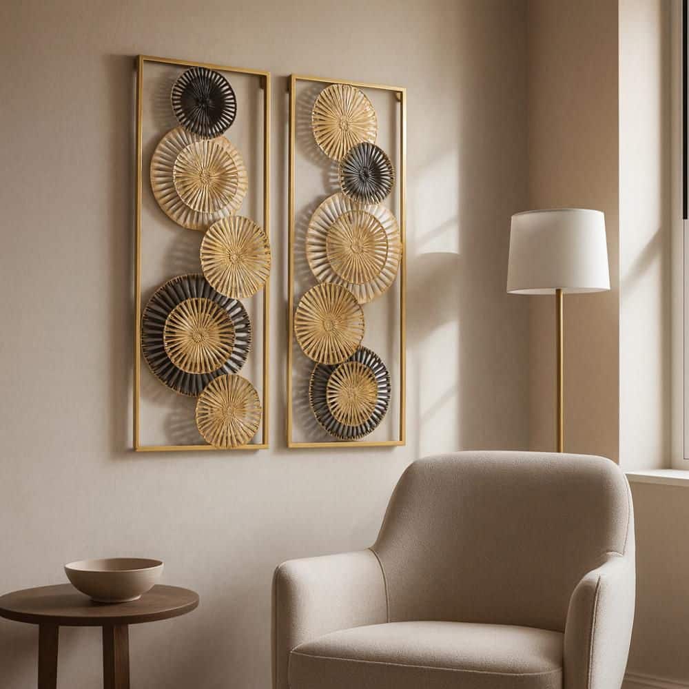 Liv & Skye 32 in. x 12 in. Gold/Black Metal Rectangle Pierced Disc Wall ...