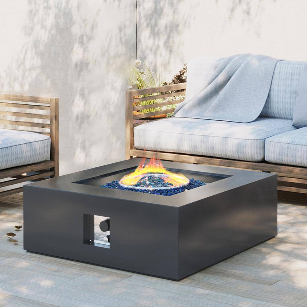 PATIOGUARDER 35 in. Square Iron Outdoor Fire Pit Table with Lid, Blue ...