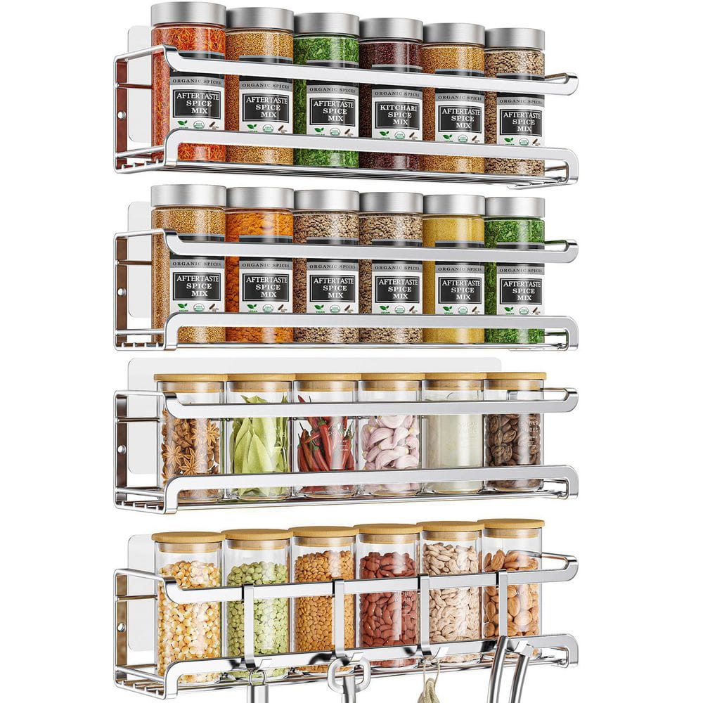 Numhew 4-Pack Chrome Wall Mounted Spice Rack, Space-Saving Spice ...