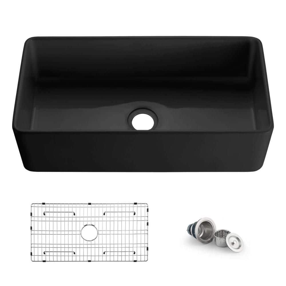 KIBI 36 in. Farmhouse/Apron-Front Single Bowl Matte Black Fireclay Kitchen Sink with Bottom ...