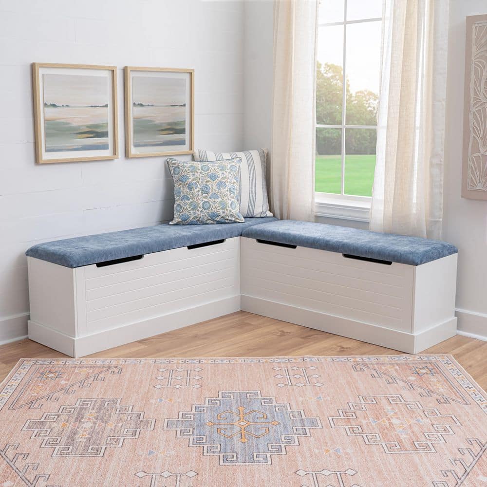 Linon Home Decor Nedra Corner Nook 62.52 in. White and Blue Dining Bench Backless with Storage ...