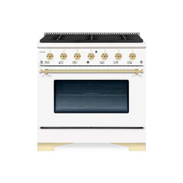 Hallman CLASSICO 36 5.2CuFt. 6 Burner Freestanding Dual Fuel Range with Gas Stove and Electric Oven White with Brass Trim HCLRDF36BSWT The Home Depot