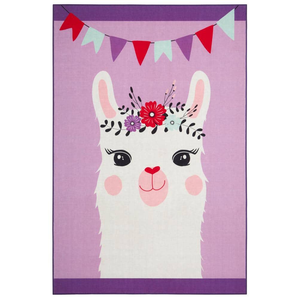 Everwash Imagine Llama Purple/White 4 ft. x 6 ft. Kid's Washable Area ...