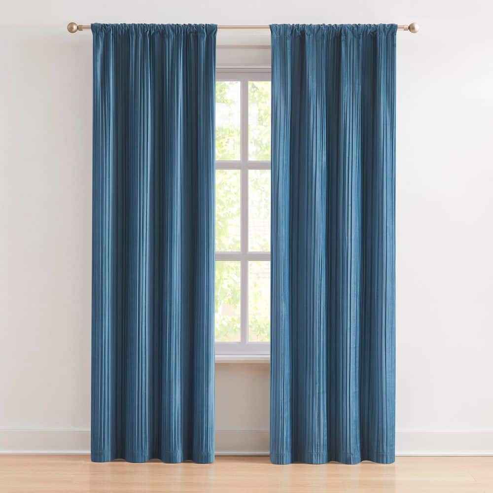 Lush Decor Glam Pleated Blue Velvet 38 in. W x 84 in. L Rod Pocket ...