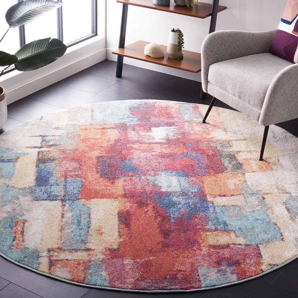 SAFAVIEH Phoenix 7 ft. x 7 ft. Rust Blue/Ivory Abstract Distressed Round Area Rug PHX523Q-7R ...