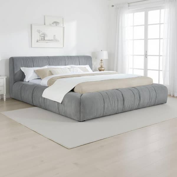 Benjara Limo Gray Pine Wood Frame King Platform Bed with Upholstered ...