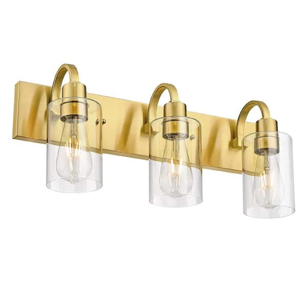 JAZAVA 21.9 in. 3-Light Brushed Gold Vanity Light with Clear Glass ...