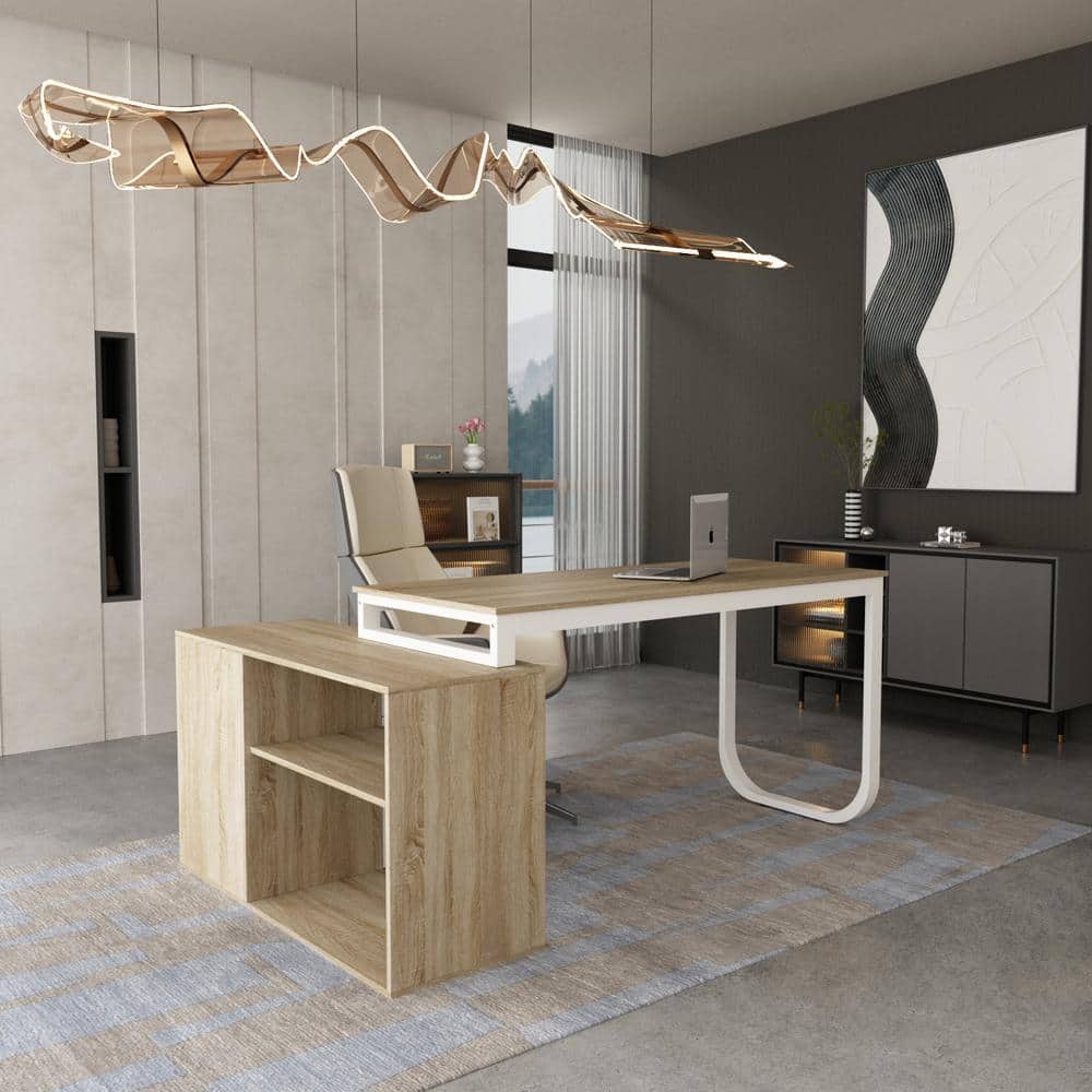 Buy 55.1 in. L-Shaped Beige Wood Computer Desk Writing Desk Office ...