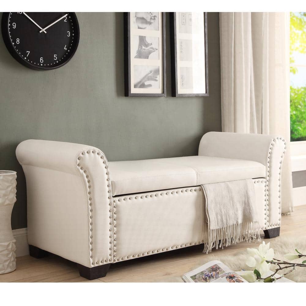 Inspired Home Malory Ivory/Silver PU Leather Ottoman Storage Bench ...