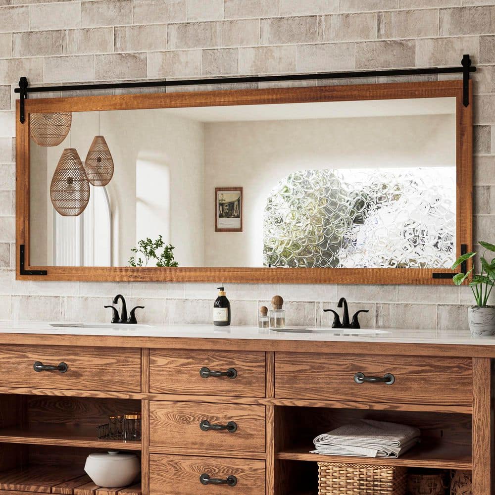KeonJinn 72 in. W x 32 in. H Rectangular Barn Door Brown Mirrors Wood ...