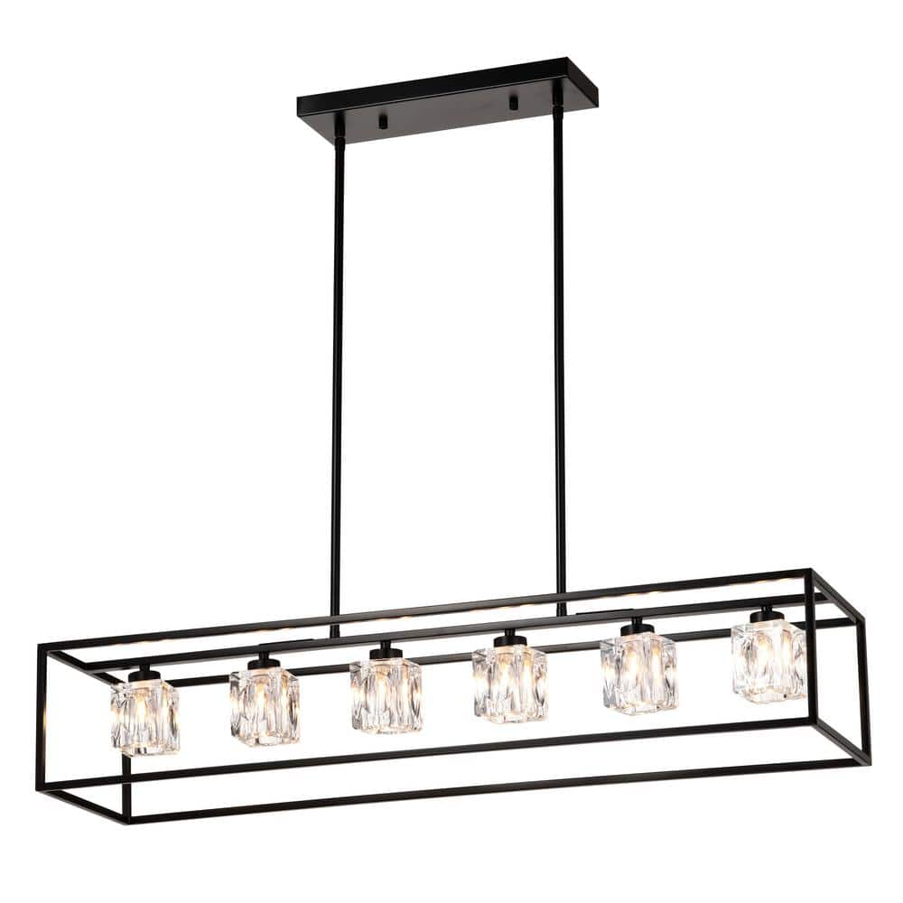 PUDO 37.3 in. 6-Light Black Modern Rectangular Cage Pendant Light with ...