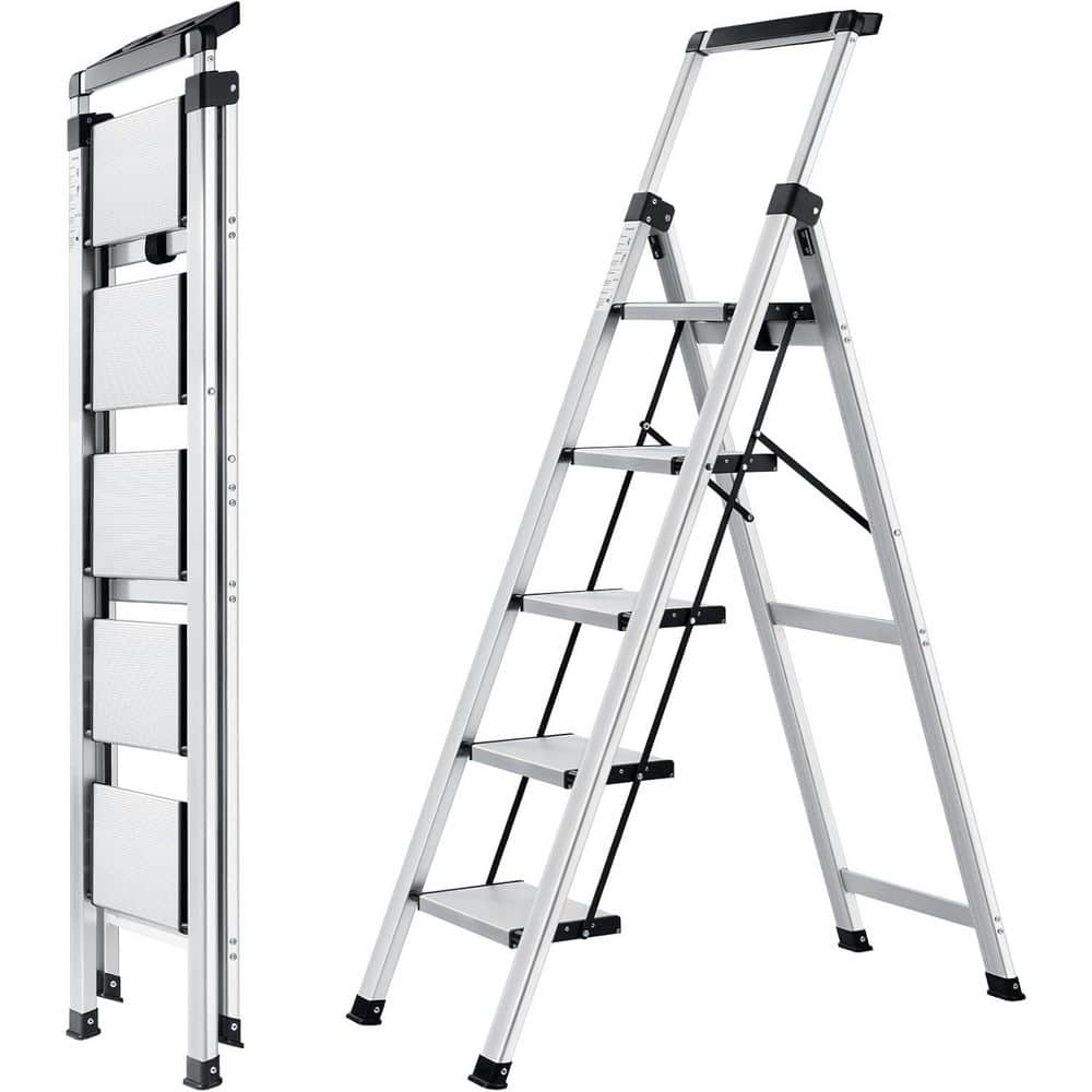 KIWDZFU 5 ft. Aluminum Folding Step Ladder with Retractable Handgrip ...