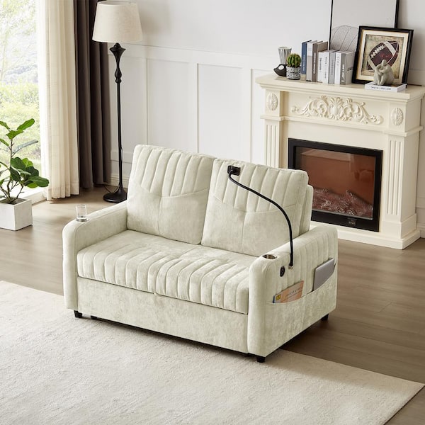 Harper Bright Designs 53.9 in. Beige Chenille Twin Size Sofa Bed Convertible Loveseat with Adjustable Backrest Charging Ports Side Pockets