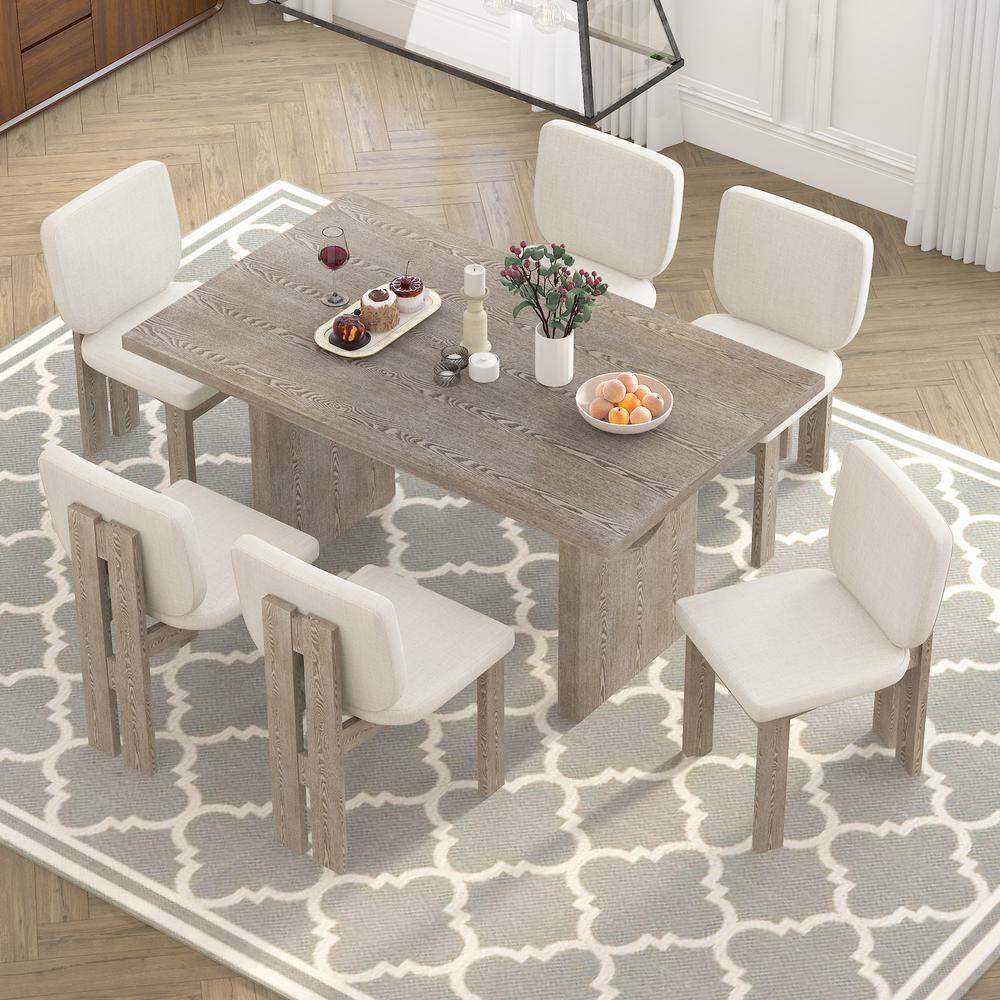 Qualler 7-Piece Rectangular Natural Wood Wash MDF Top Dining Room Set ...
