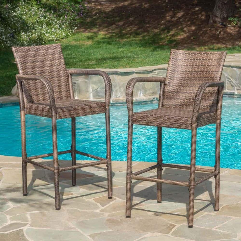 Brown Wicker Outdoor Bar Stool Set of 2, Patio Rattan Bar Chairs Bar ...