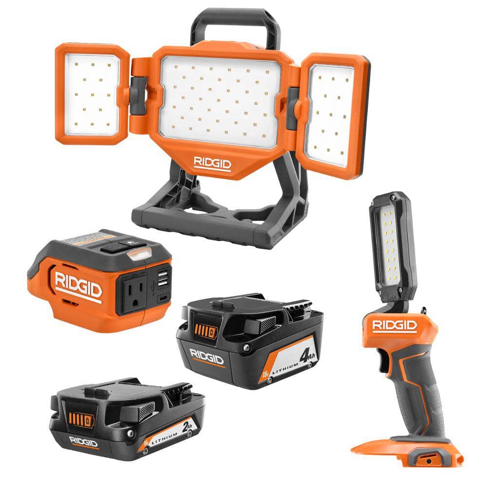 RIDGID 18V Cordless Hybrid LED Panel Light Kit with 4.0 Ah Battery and ...