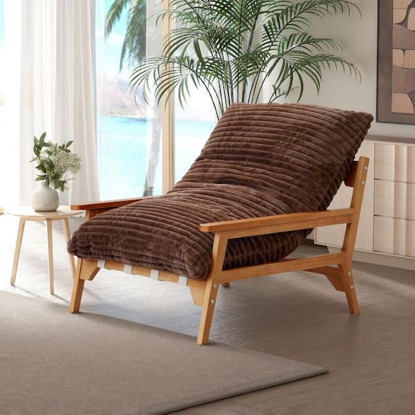 J&E Home Brown Rabbit Hair Plush Fabric Solid Wood Corner Recliner Arm ...