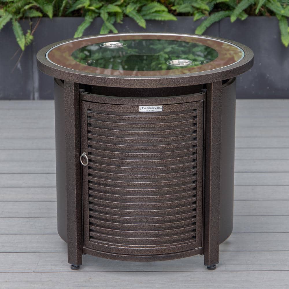 Leisuremod Walbrooke Brown Modern Round Tank Holder Table with Tempered ...