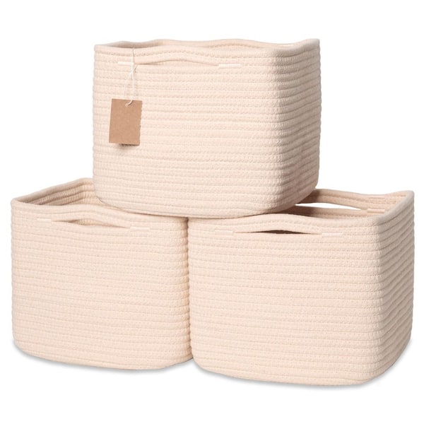 Beige 9 in. x 7 in. Cotton Rope Woven Cube Storage Decorative Basket ...