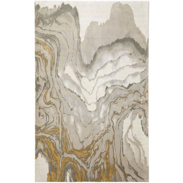 HomeRoots 7 ft. x 10 ft. Gold and Ivory and Gray Abstract Area Rug ...