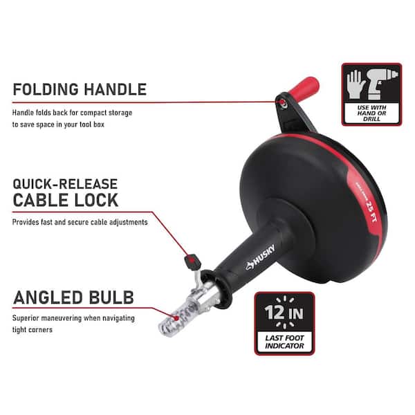 Husky 25 ft. Power Drum Drain Snake Drill-Operated Auger for Sink, Tub ...