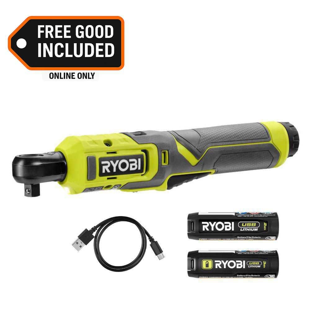 RYOBI USB Lithium 3/8 in. Ratchet Kit with 2.0 Ah Battery, Charging ...