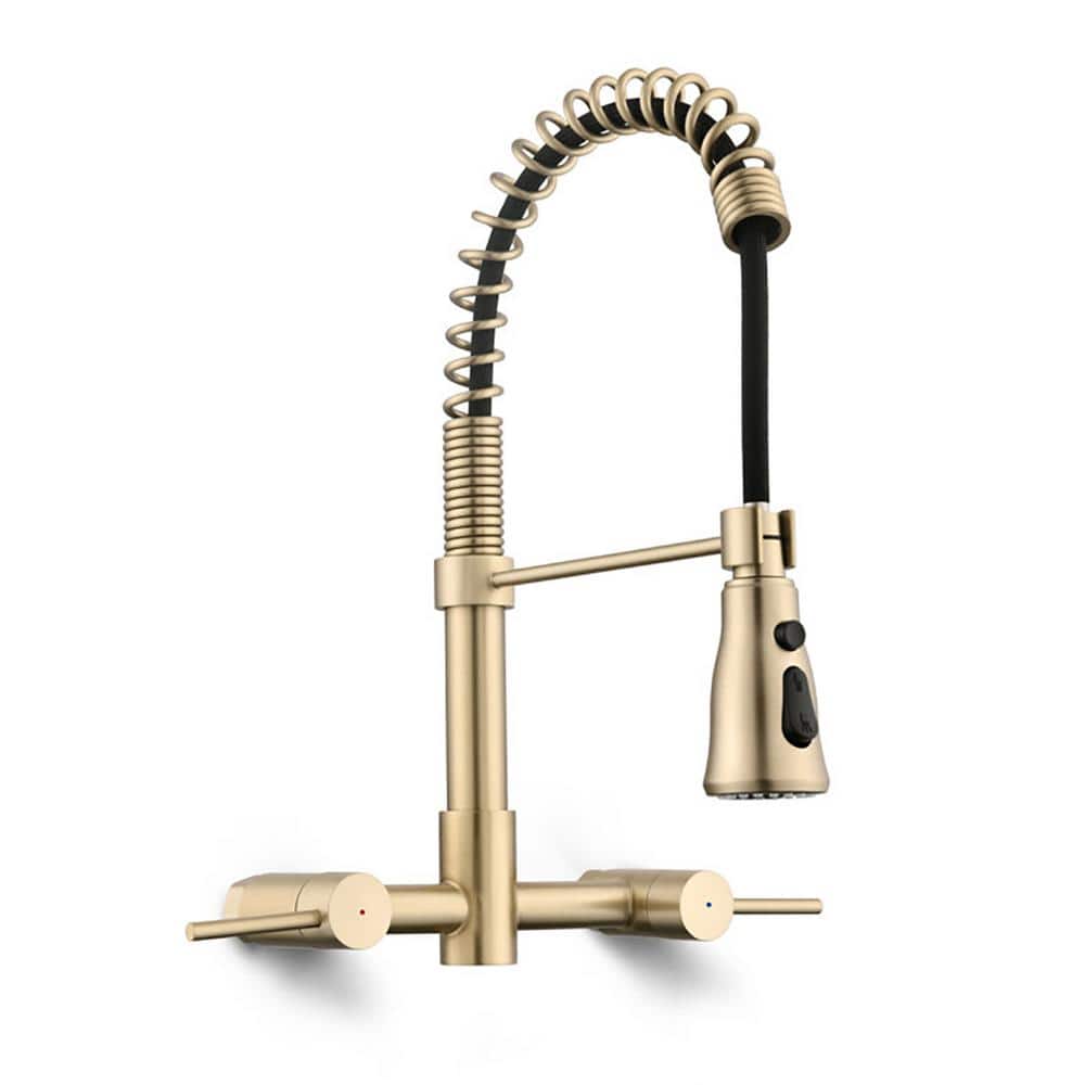 PROOX Double Handle Wall Mounted Bridge Kitchen Faucet with 3 Function Pull Down Sprayer Head in ...