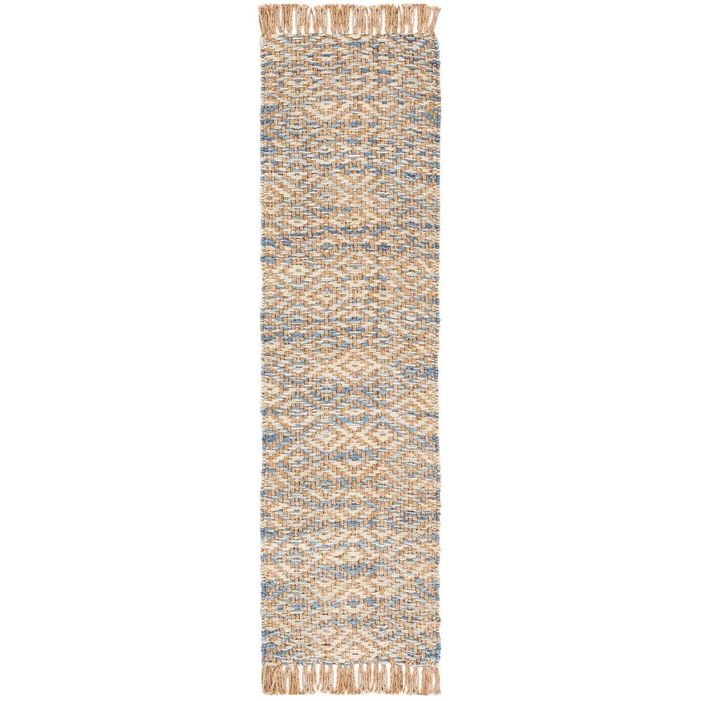 SAFAVIEH Natural Fiber Beige/Blue 2 ft. x 8 ft. Woven Thread Runner Rug ...