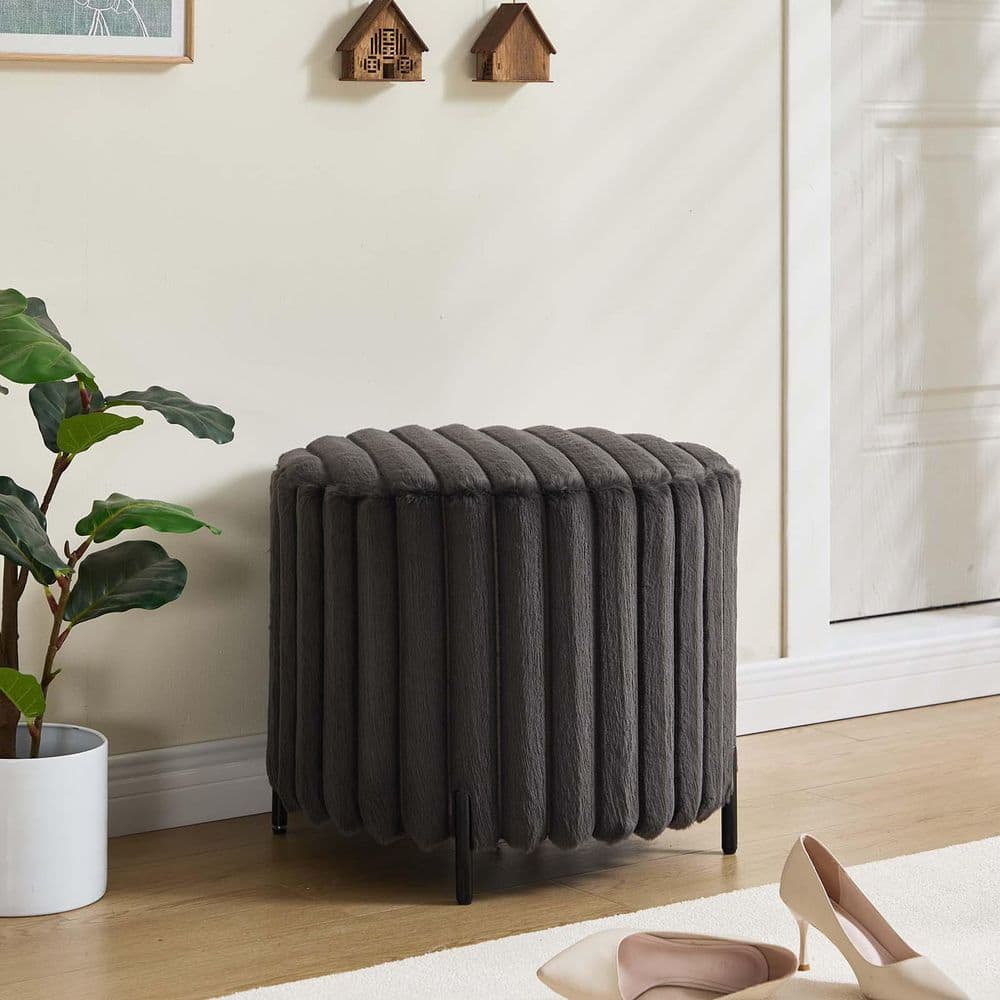 22.05 in. Charcoal Faux Fur Round Pouf Ottoman Upholstered Footstool ...
