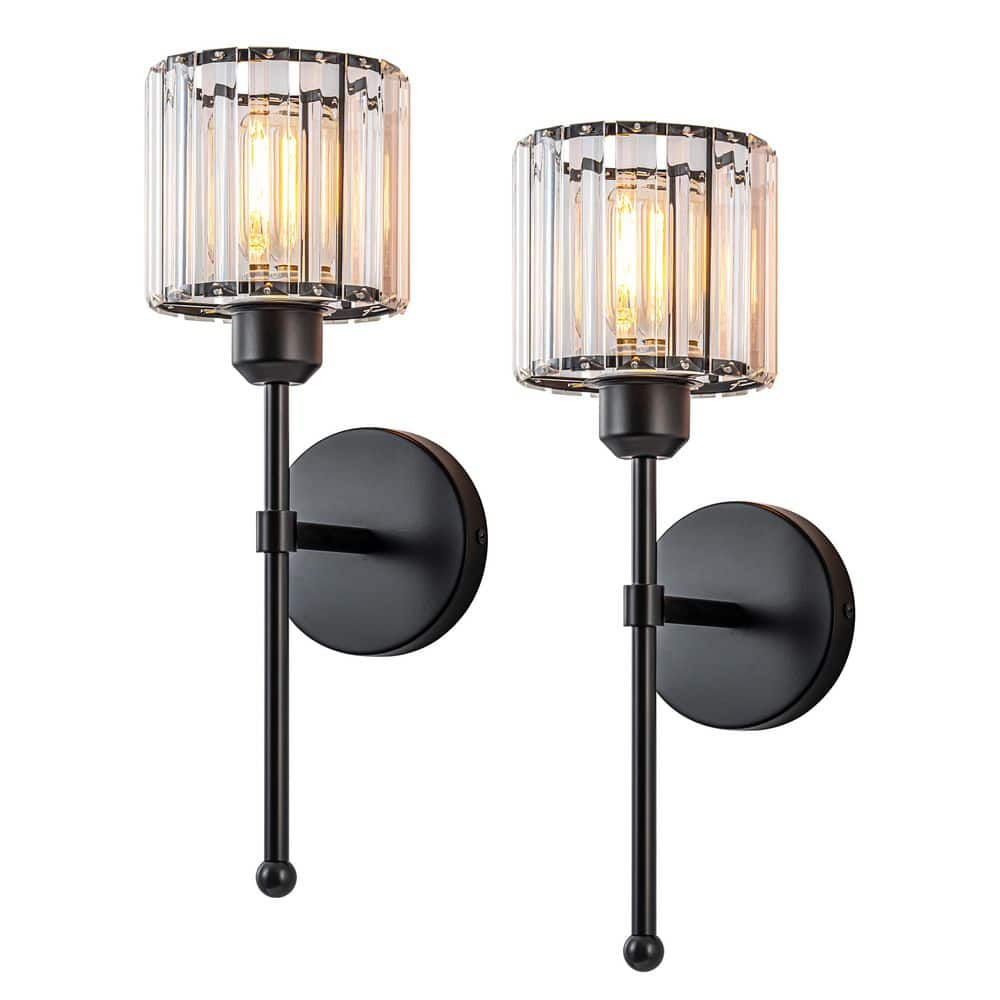 TinHon 5 in. 1-Light Set of 2 Black Crystal Wall Sconces, Modern Wall Lights for Bedroom Living ...
