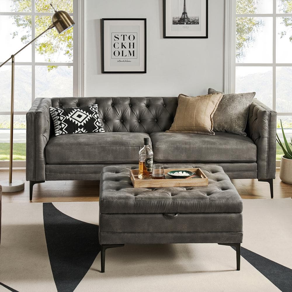 JAYDEN CREATION Eridu 2-Piece Gray Upholstered Polyester Button-Tufted ...