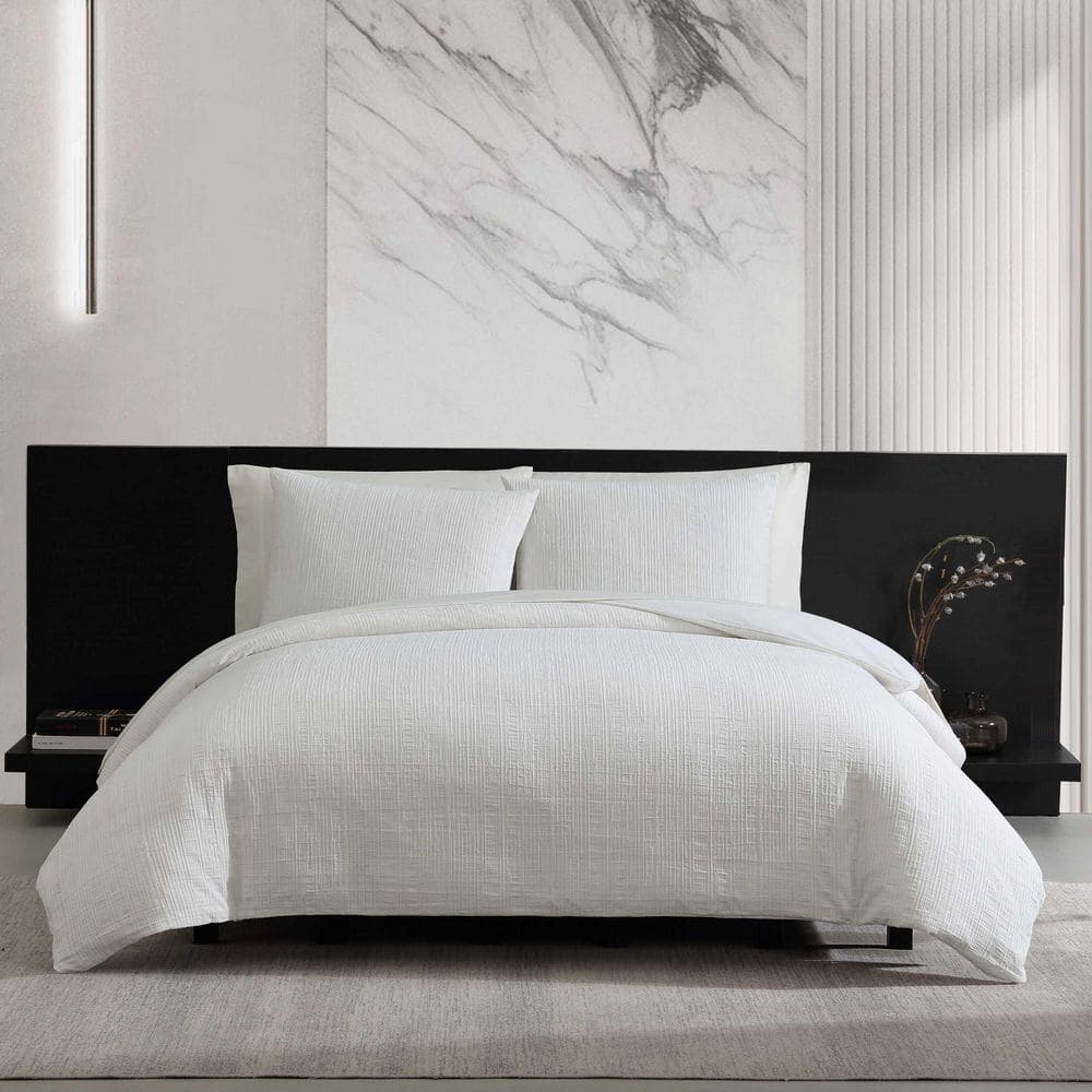 VERA WANG Bark Texture 3-Piece White Jacquard Cotton Queen Duvet Cover ...