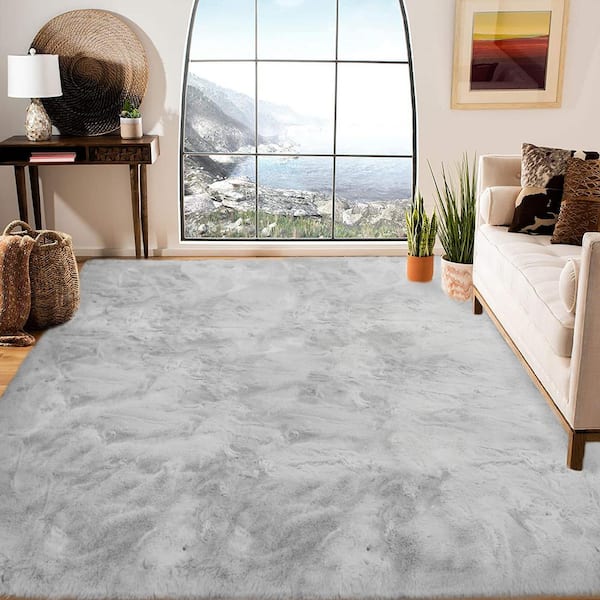 iliebe Mmlior Light Gray 5 ft. x 8 ft. Soft Faux Rabbit Fur Area Rug TMGRC58