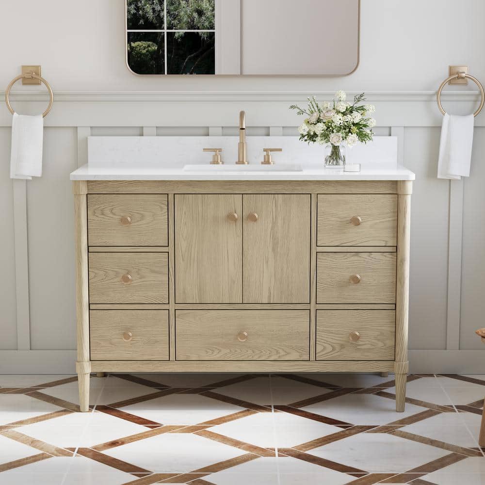 ANGELES HOME 48 in. OAK Solid Wood Bath Vanity White Quartz Top, Single ...