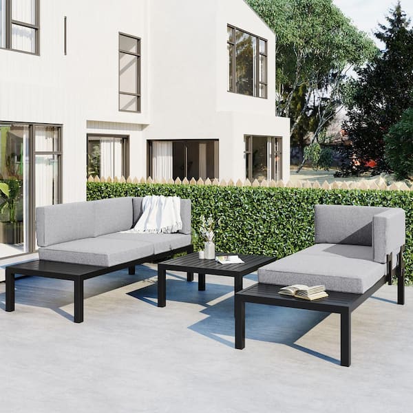 ToolCat Black 3-piece Aluminum Alloy Patio Conversation Set with Grey ...