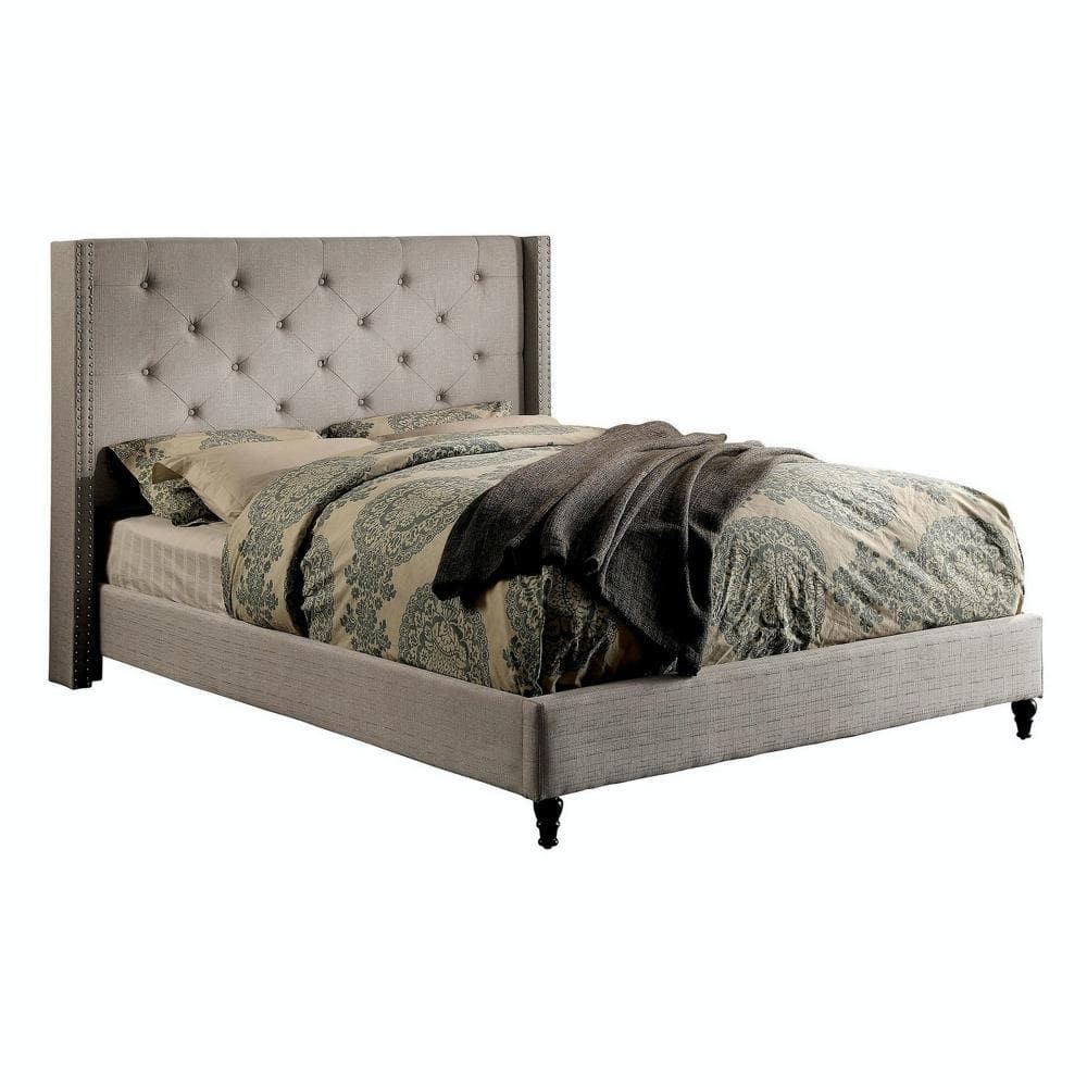 Benjara Gray Wood Frame Queen Platform Bed with Butten Tufted Wingback ...