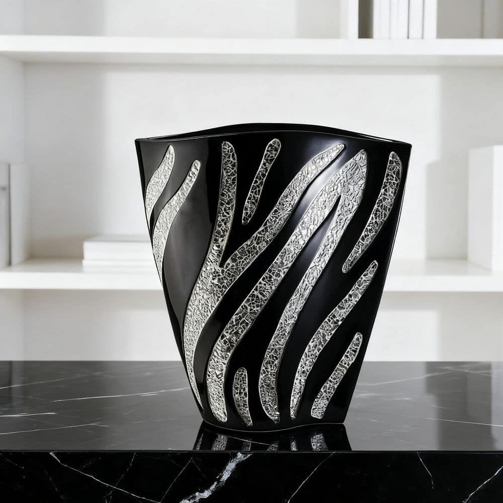 14 in. Multicolor Polyresin Decorative Vase with Silver Zebra Pattern ...
