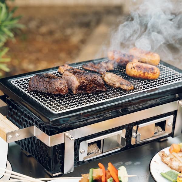 Hitechluxe Portable Charcoal Hibachi Grill in Black with Grid Lifter Stainless Steel Grill Rack THT115 BK
