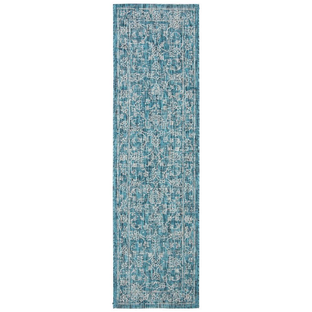 SAFAVIEH Courtyard Turquoise 2 ft. x 18 ft. Border Floral Scroll Indoor ...