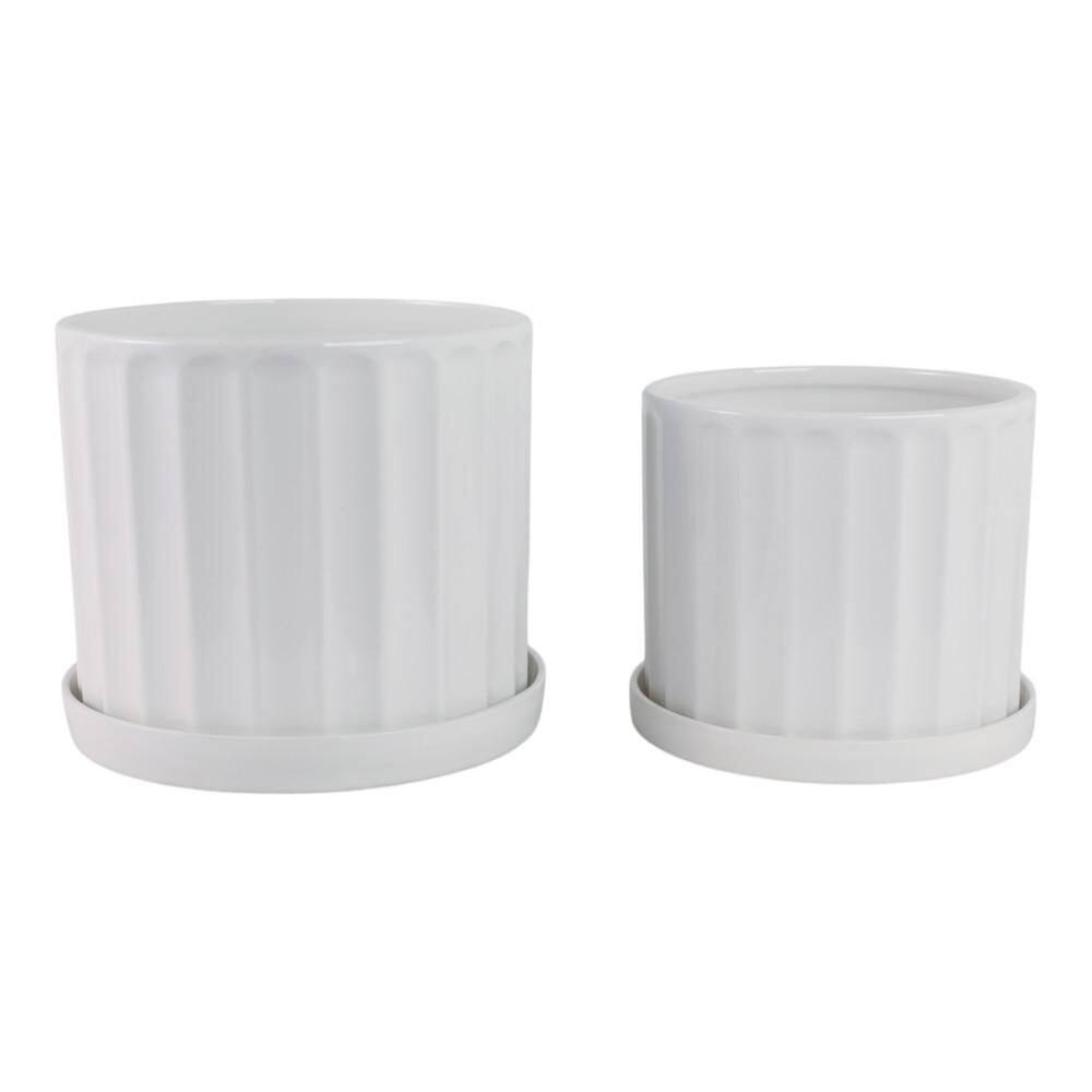 Liv & Skye 10 in. and 12 in. White Ceramic Round Ribbed Decorative Pots ...