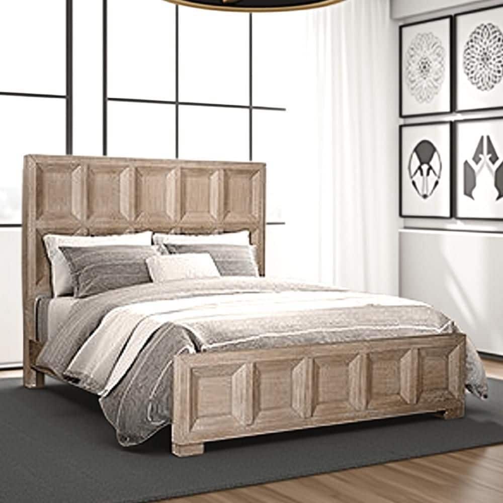 Benjara Kizie Beige Wood Frame Queen Size Panel Bed with Recessed ...