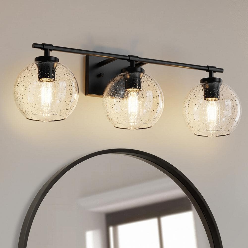 YANSUN 25 in. 3-Light Black Vanity Light with Clear Globe Glass Shades ...